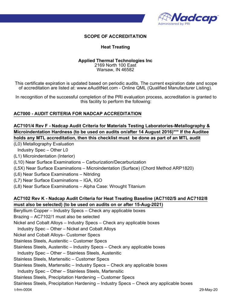 Nadcap Approvals - Applied Thermal Technologies